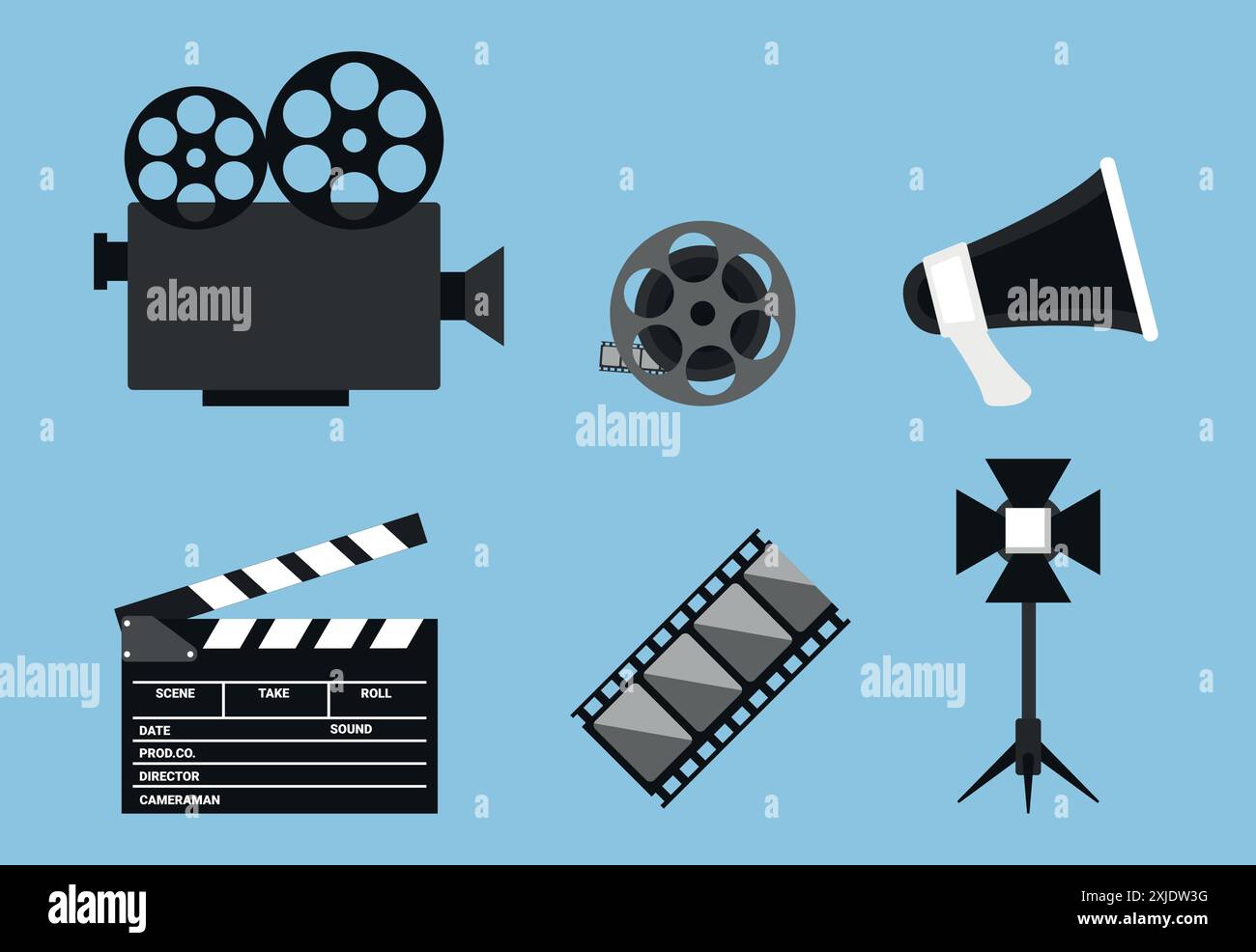 Cinema icons. Filmmaking equipment icon set. Video camera, film reel ...