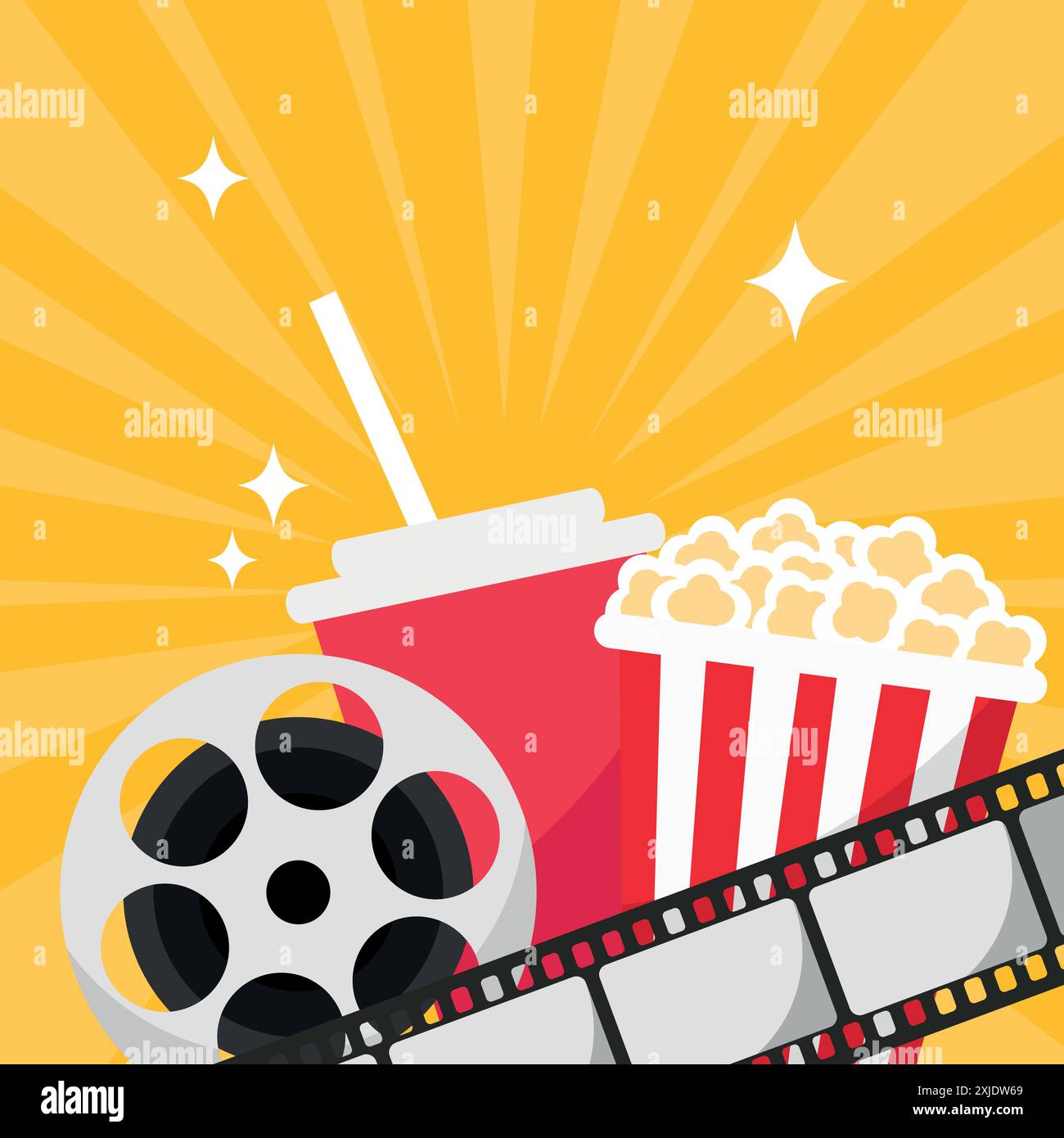 Cinema movie background. Popcorn bucket, cold drink soda with straw ...