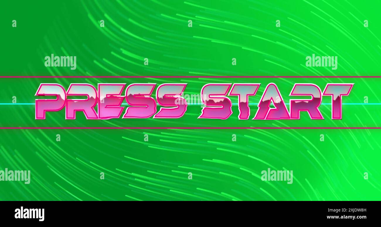 Image of press start text over light trails on green background Stock ...