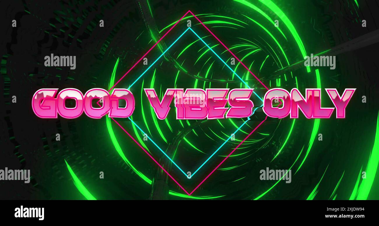 Image of good vibes only text over neon tunnel on black background ...