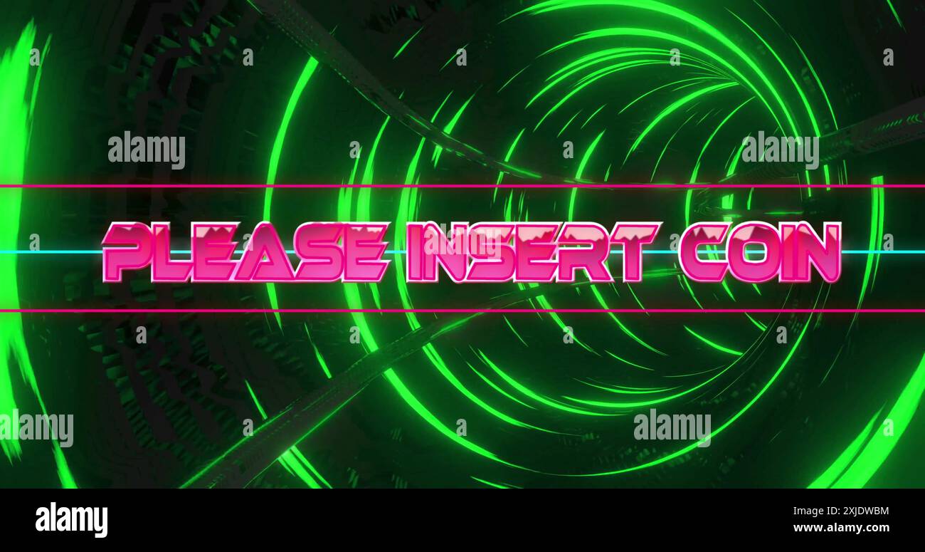 Image of please insert coin text over neon tunnel on black background ...