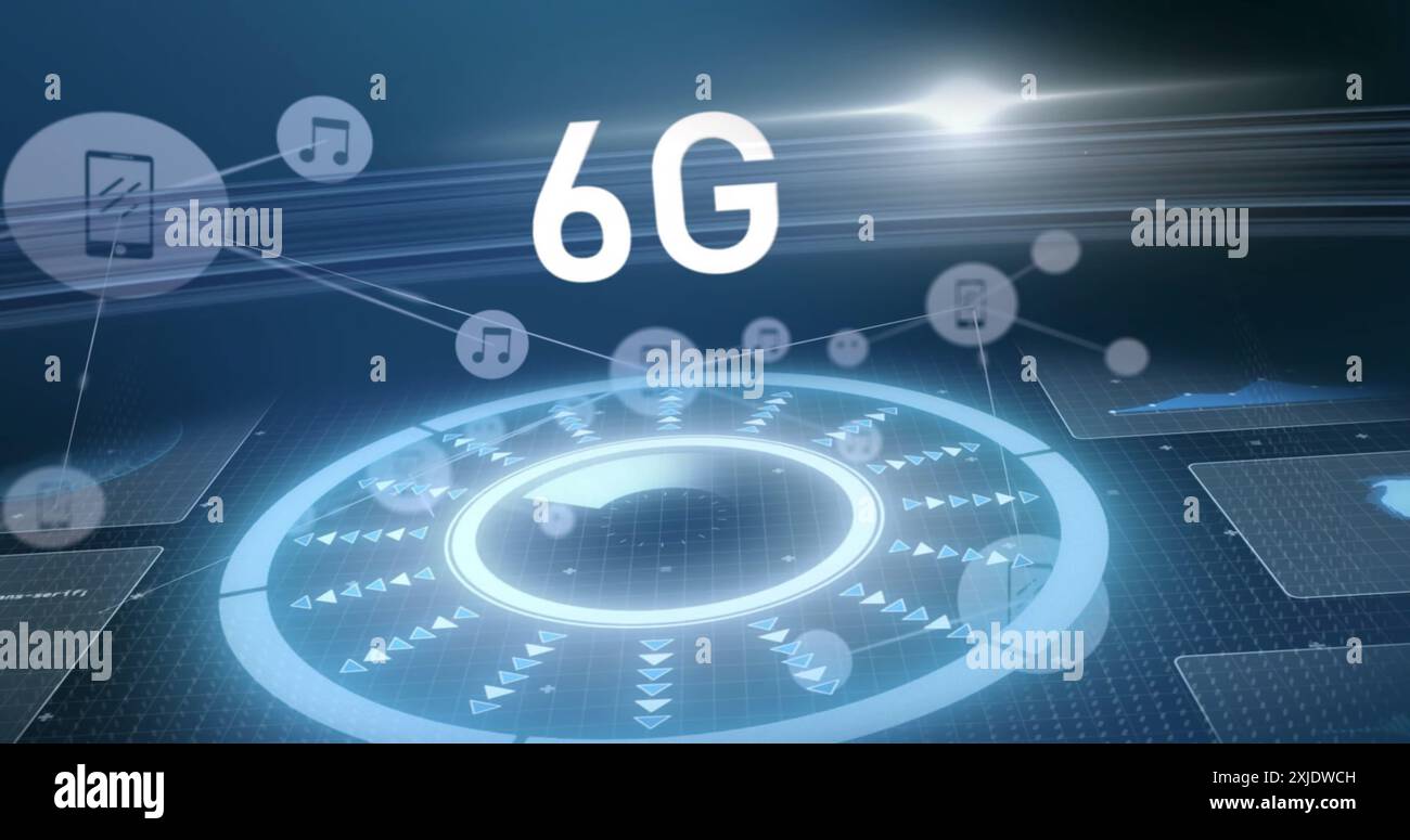 Image of 6g text, network of connections with icons and data processing ...