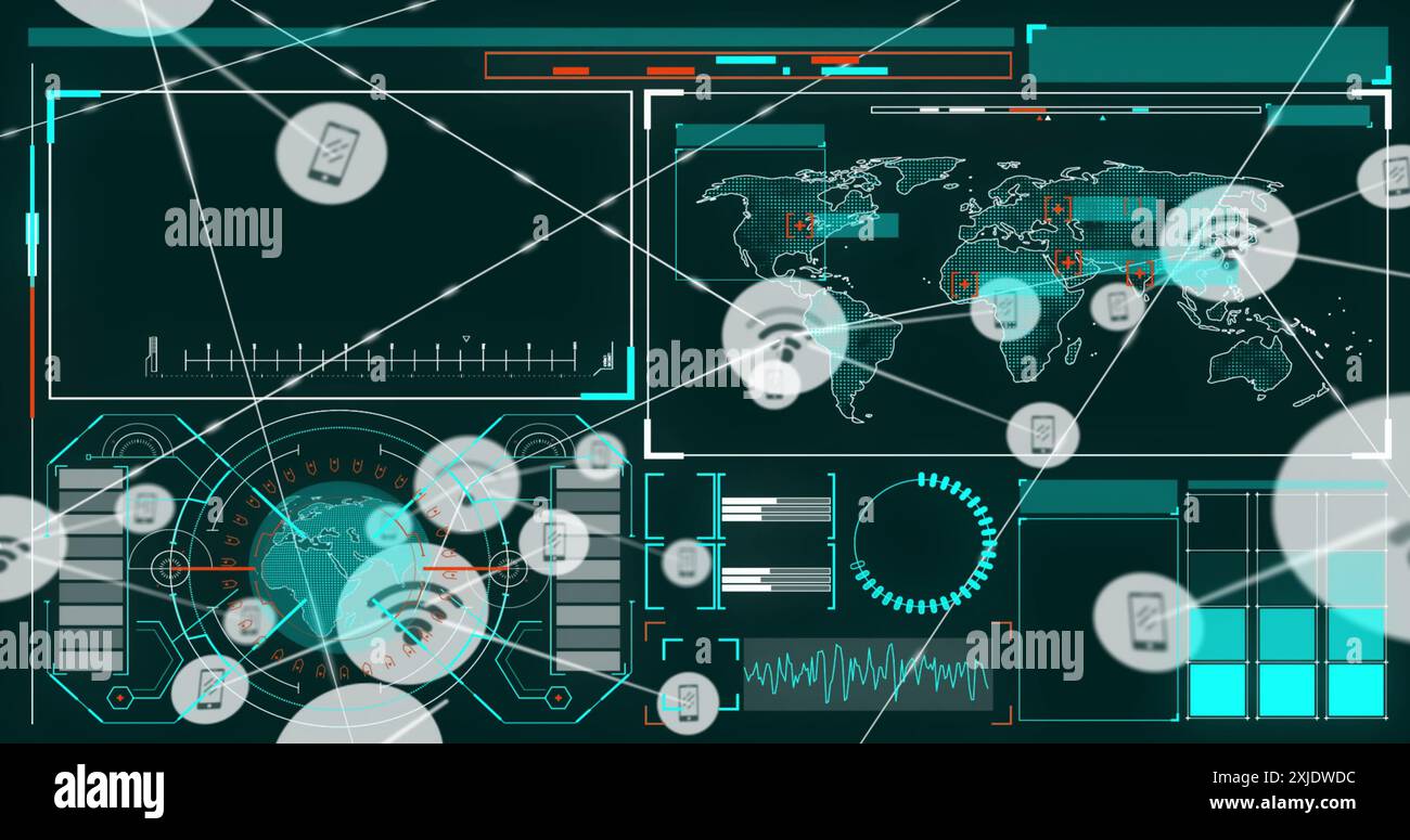 Image of network of connections with icons and data processing over ...