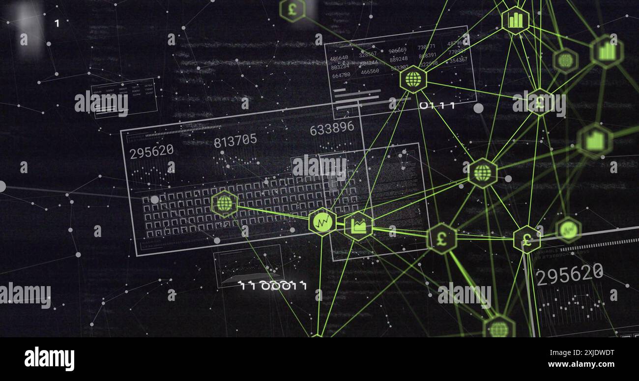 Image of data processing and globe with connections over black ...