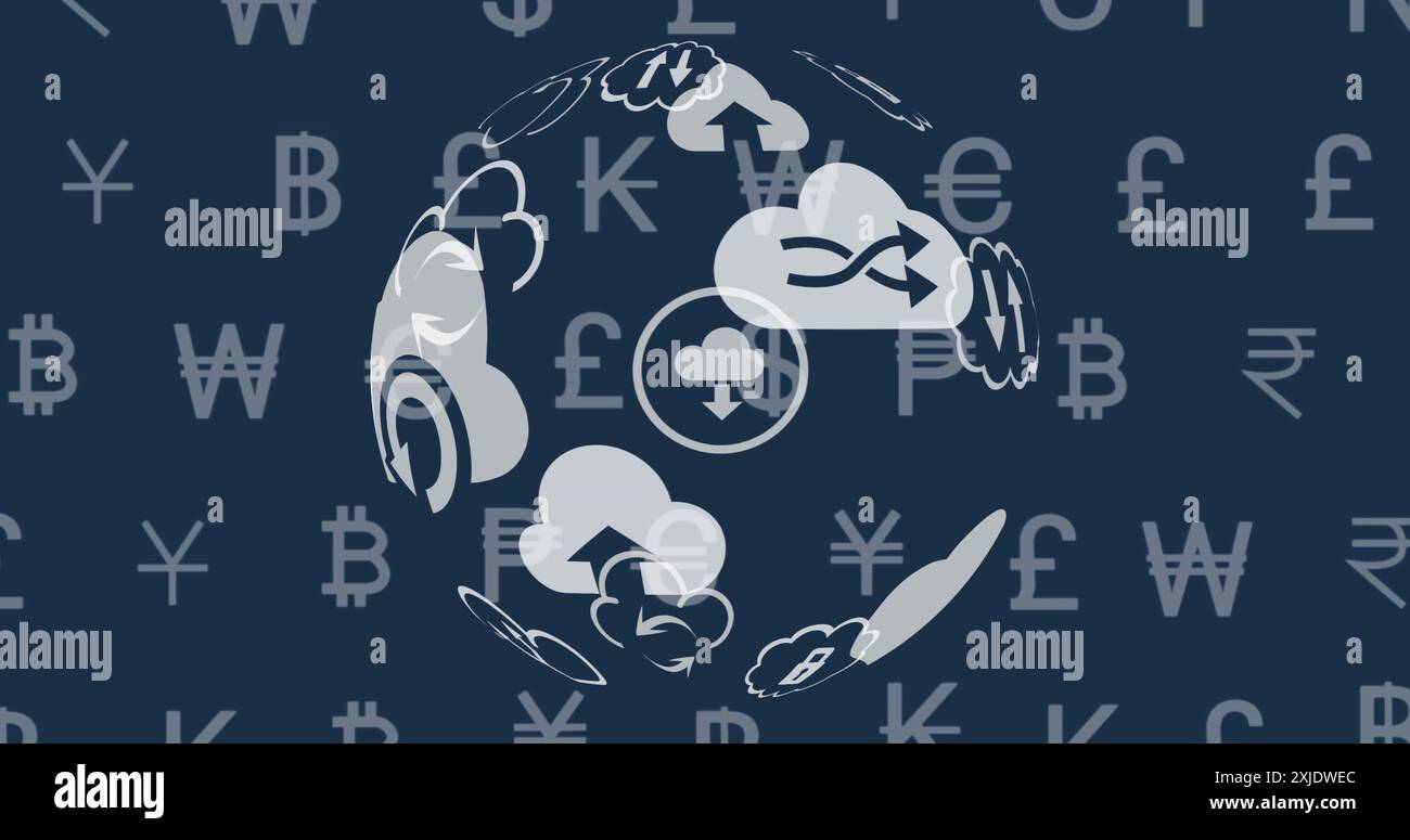 Image of currency symbols and globe with clouds on dark background ...