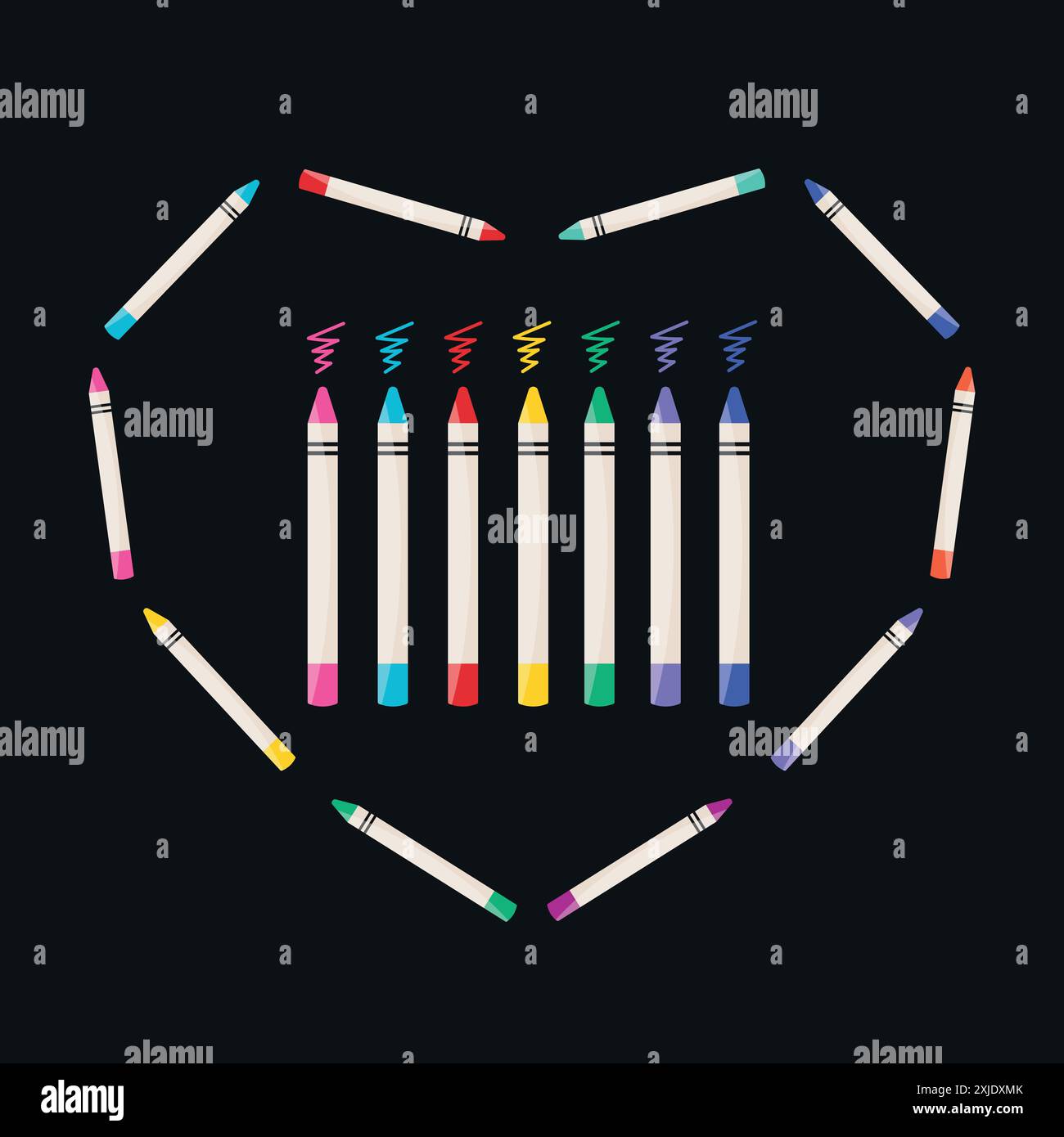 Heart of bright crayons. Painting emblem. Childish palette. Vector ...