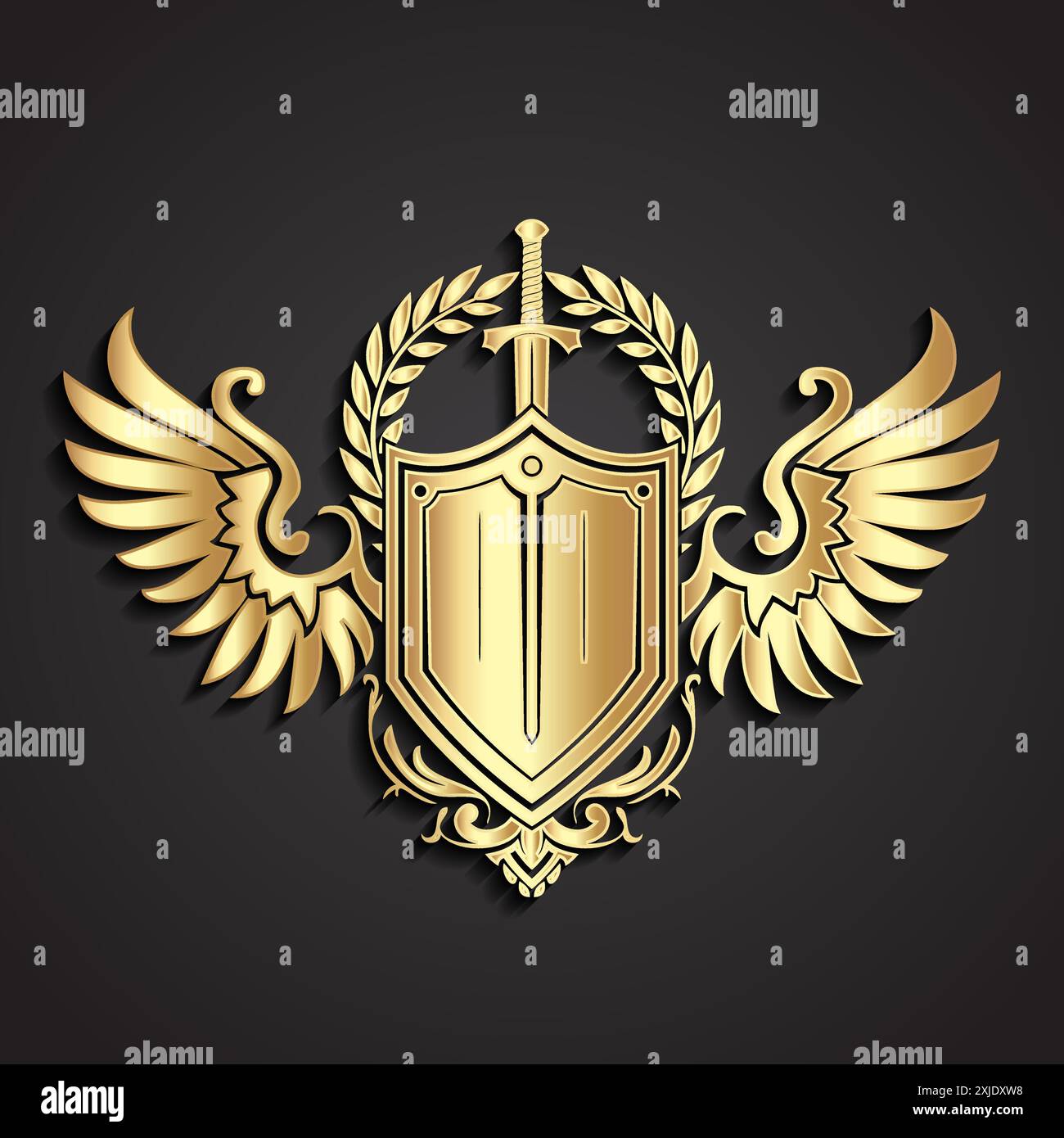 3d heraldry logo winged shield with sword and laurel wreath, gold ...