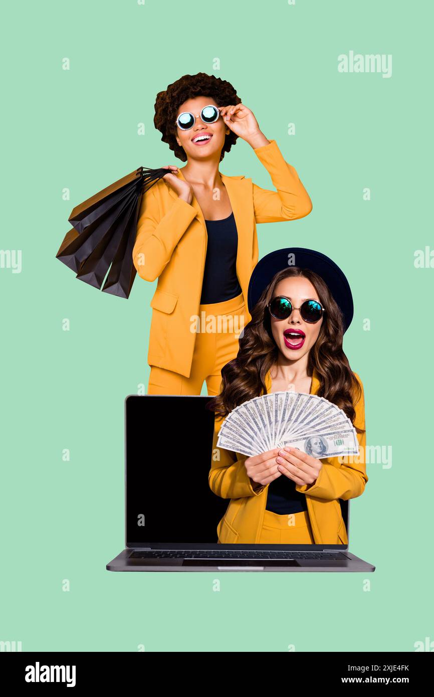 Composite collage image of two young girls online shopping ecommerce ...