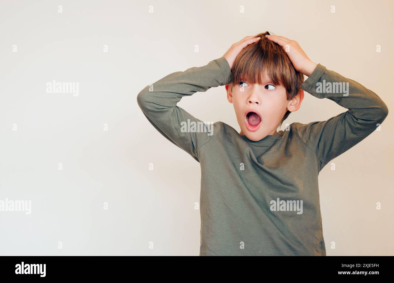 Surprise, idea and child in home with wow, shocked and amazed emoji ...