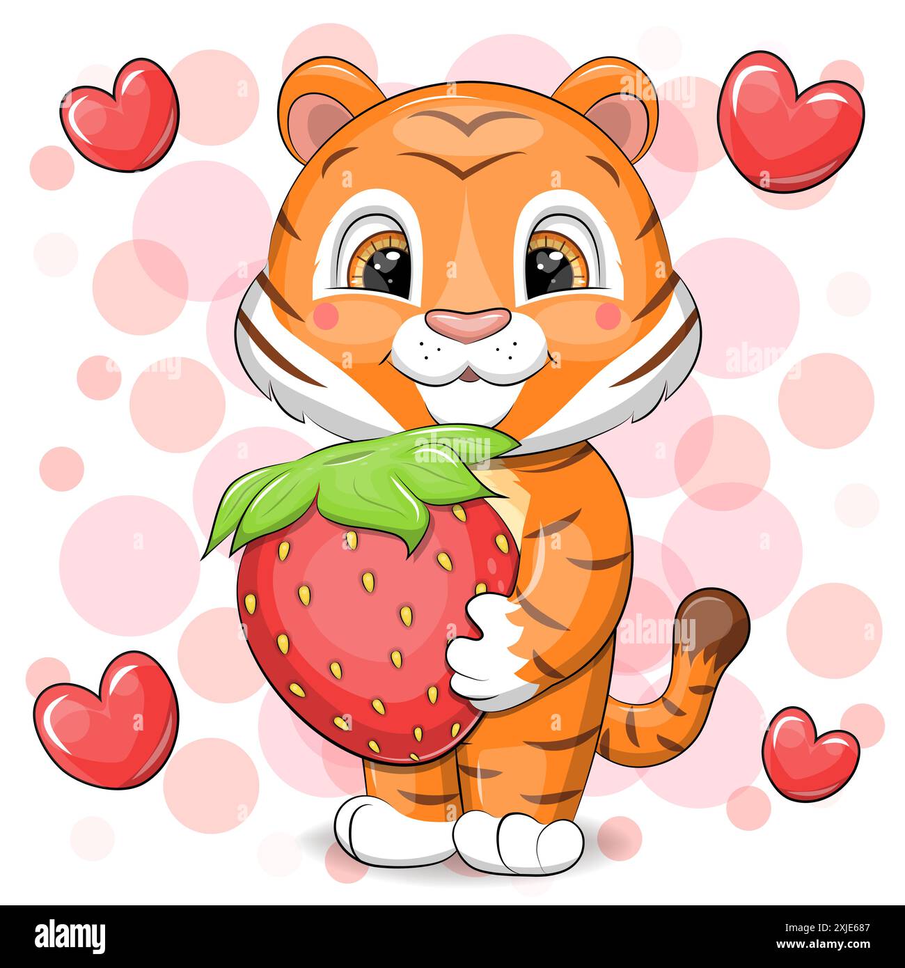 Cute cartoon tiger with red strawberry. Vector illustration of animal ...