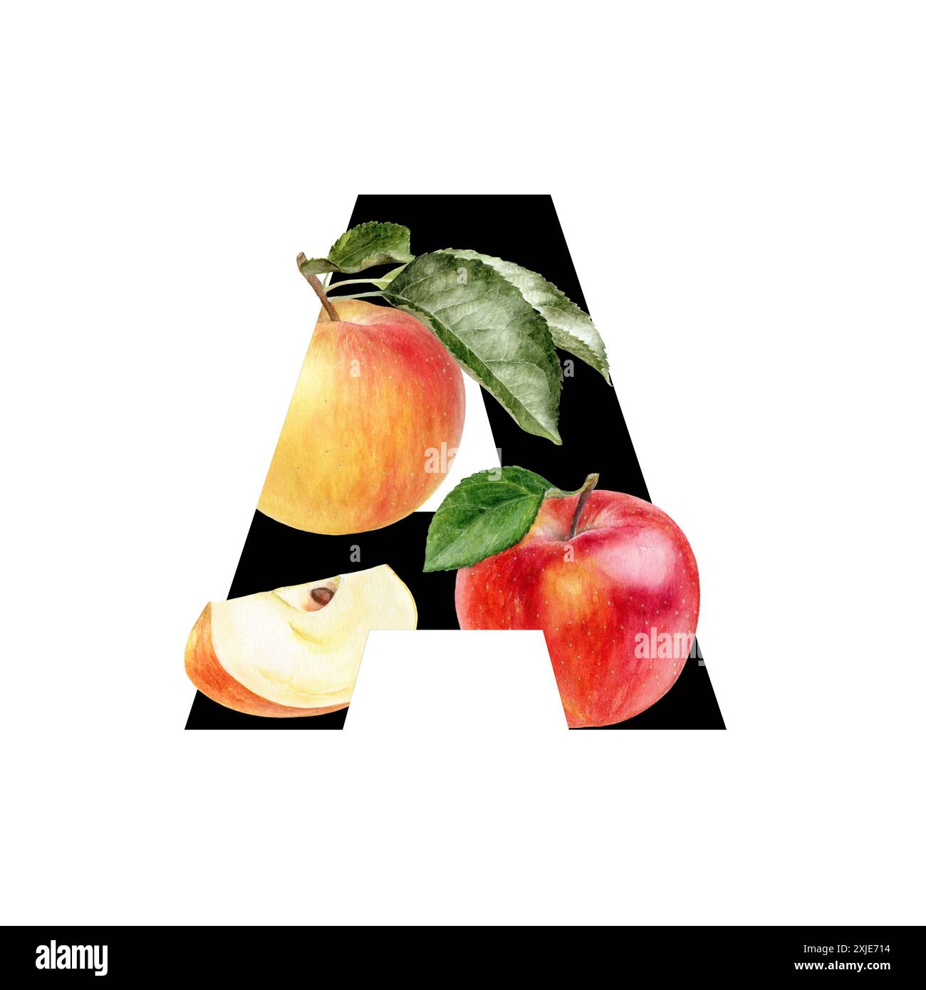 A watercolor illustration of the Alphabet Letter A featuring an Apple ...