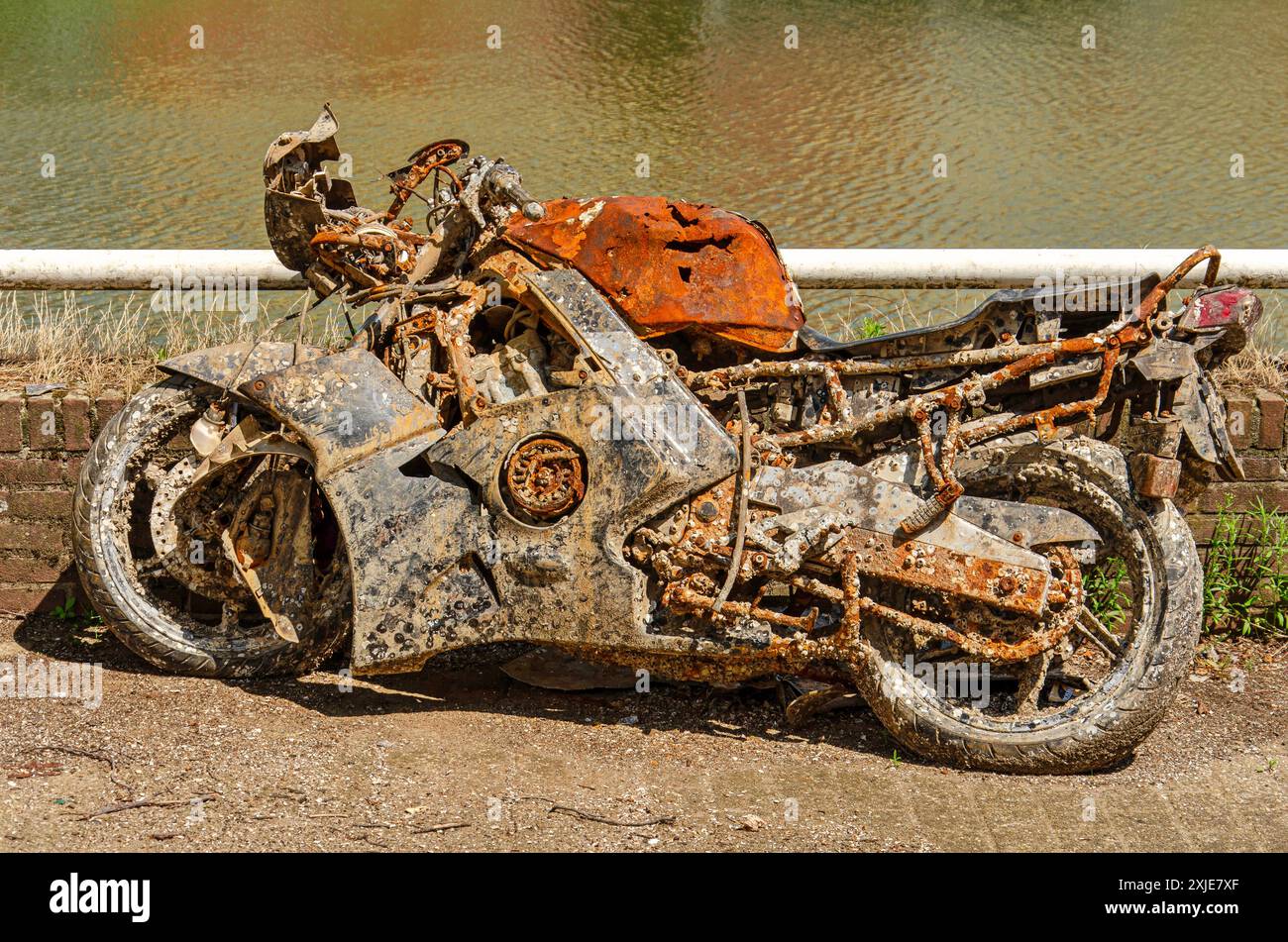 Rusty old motorbike, dredged up from a harbour in Rotterdam , The ...