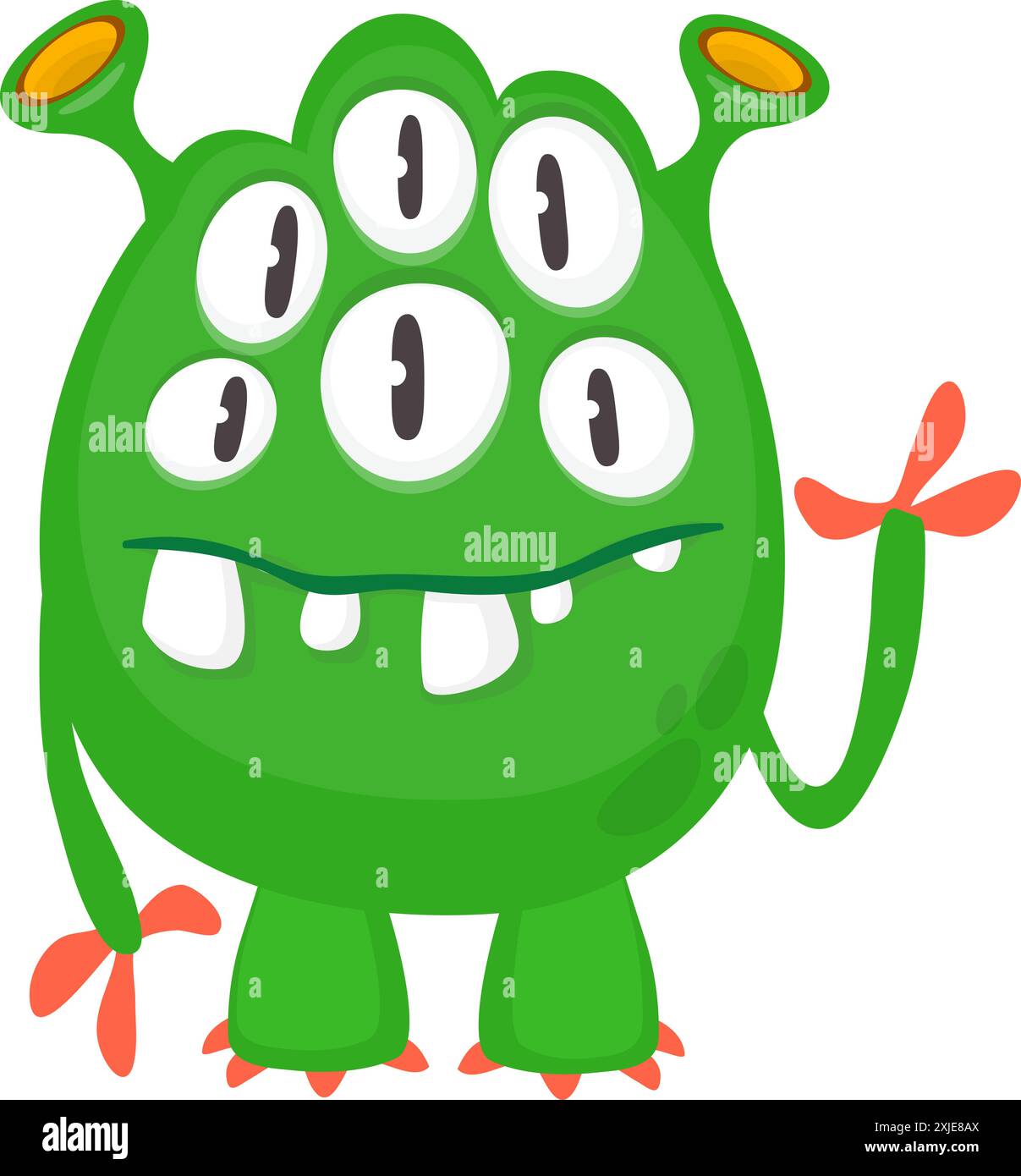 Cartoon cute alien with funny excited face expression waving hands ...