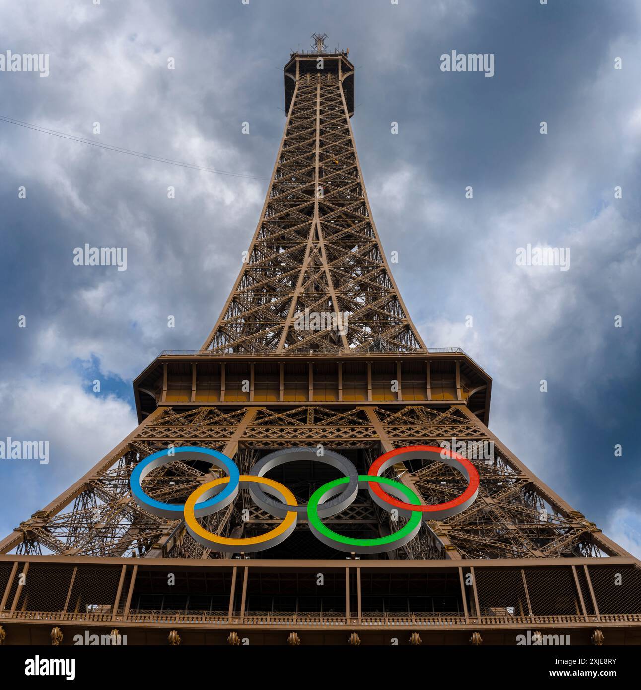 Paris, France - 07 17 2024: View of the Eiffel Tower with the olympic ...