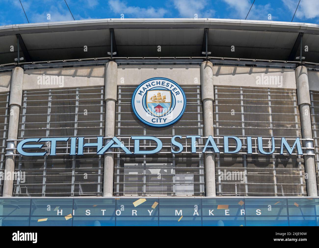 Manchester, United Kingdom. 07.17.2024 Manchester Citys Logo and Badge front of the Etihad ...