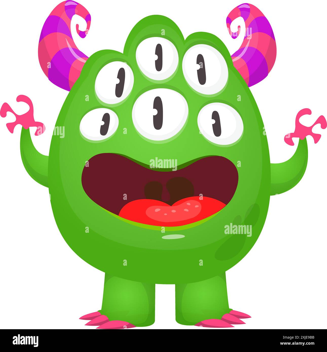 Cartoon cute alien with funny excited face expression waving hands ...