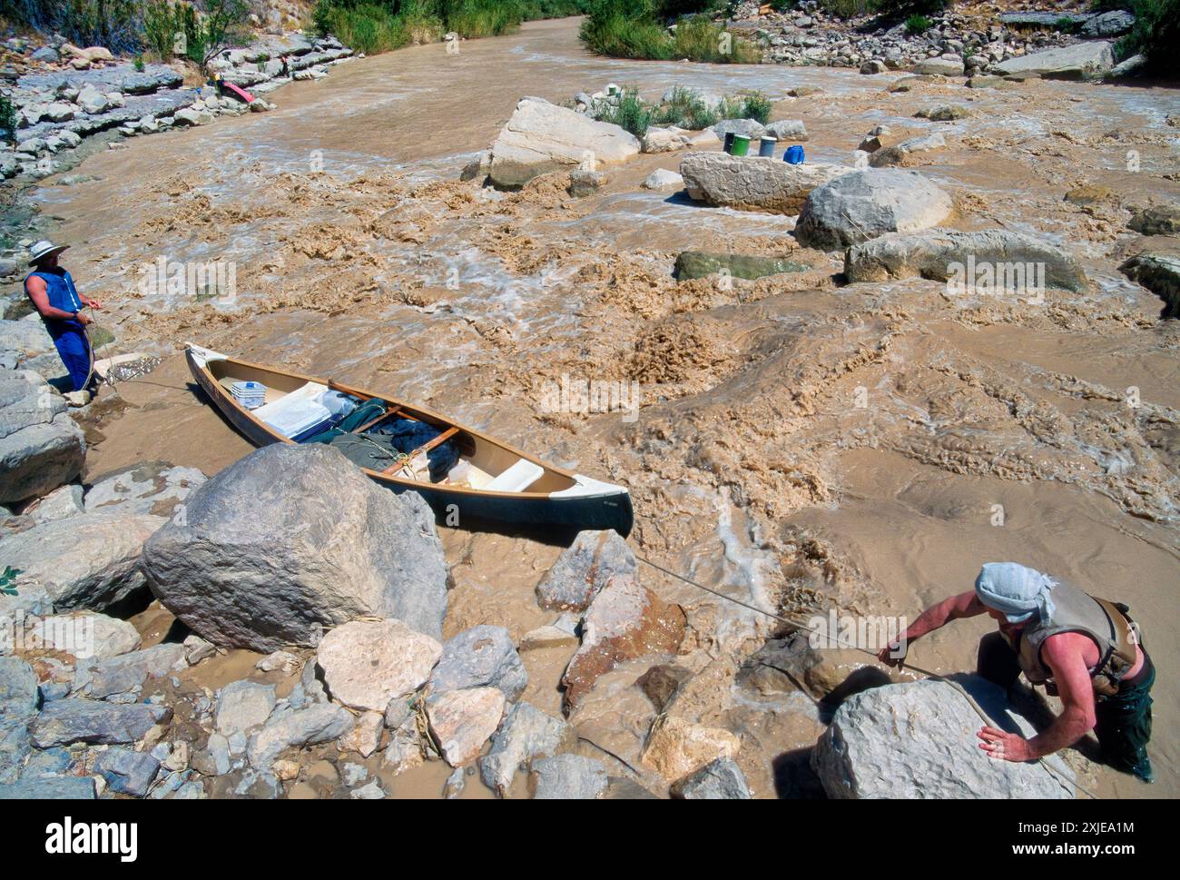 Lining canoe at Lower Madison Falls at Rio Grande, Bullis Canyon, The ...