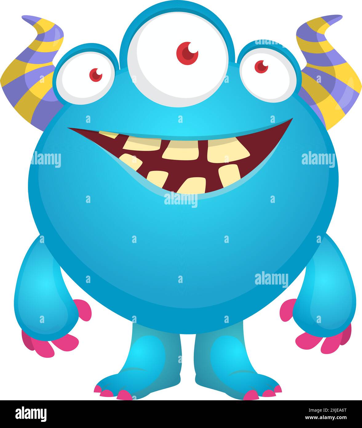 Cartoon cute monster with funny excited face expression waving hands ...