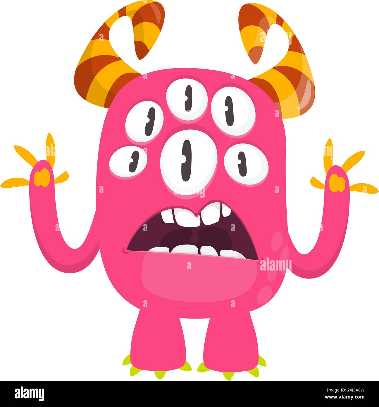 Cartoon cute alien with funny excited face expression waving hands ...