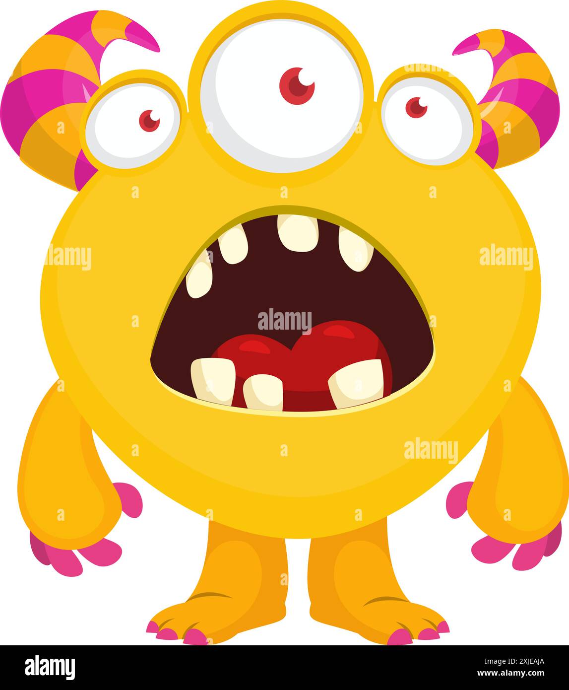 Cartoon cute monster with funny excited face expression waving hands ...