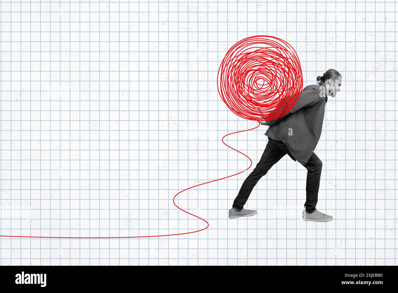 Creative drawing collage picture of young man tired overworked carry ...