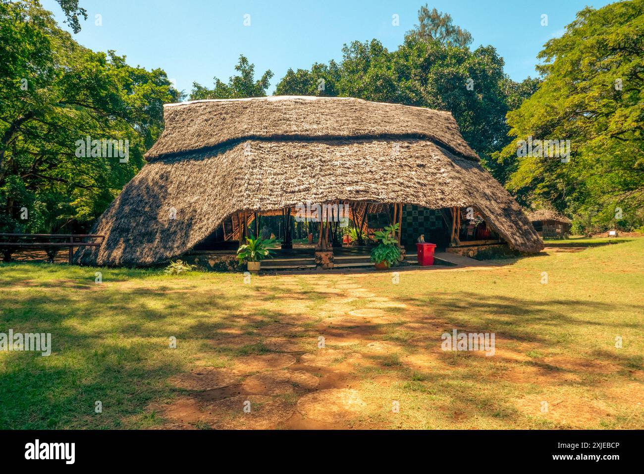 A dried palm tree leaves roofed structure at Haller Park in Bamburi ...