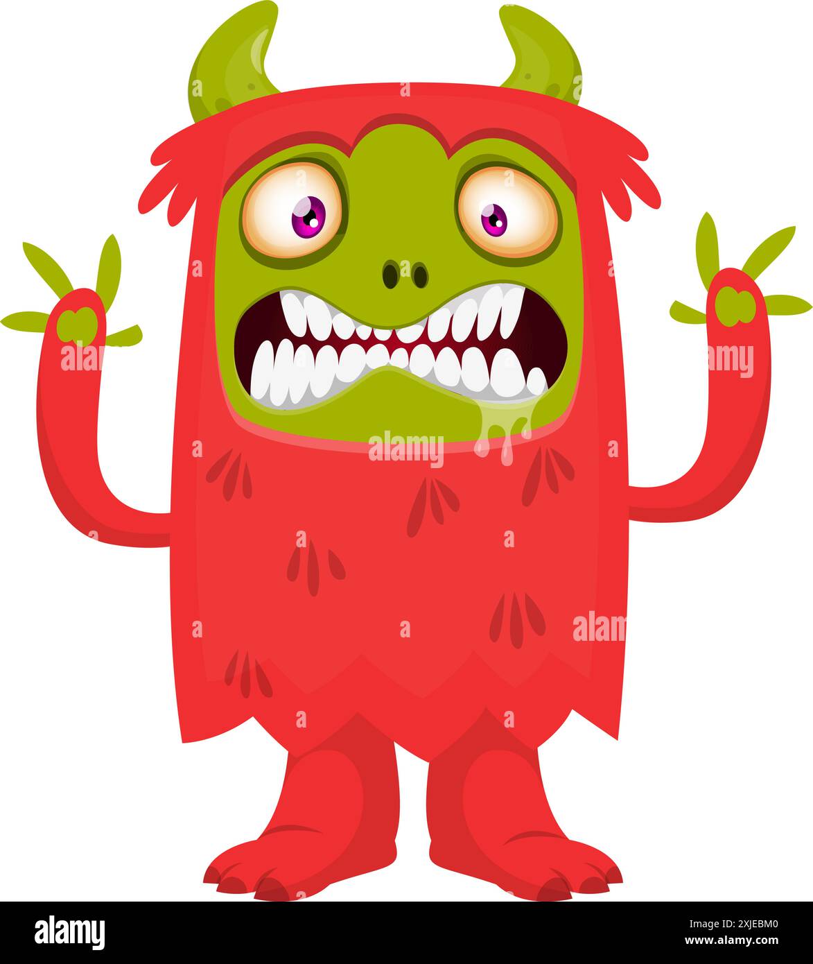 Cartoon cute monster with funny excited face expression waving hands ...