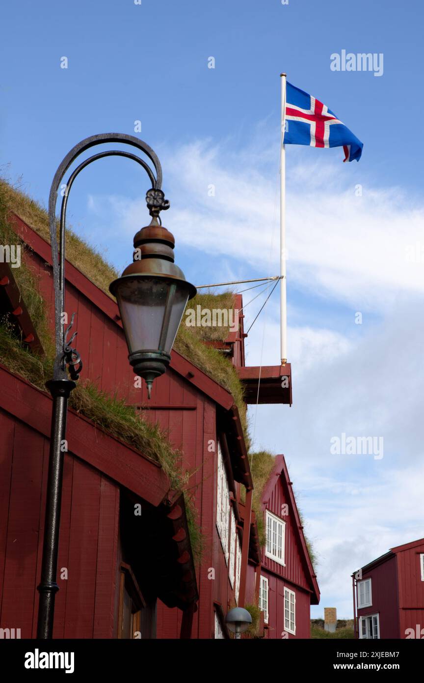 Traditional street lamp and Icelandic flag flying in Torshavn, Faroe ...