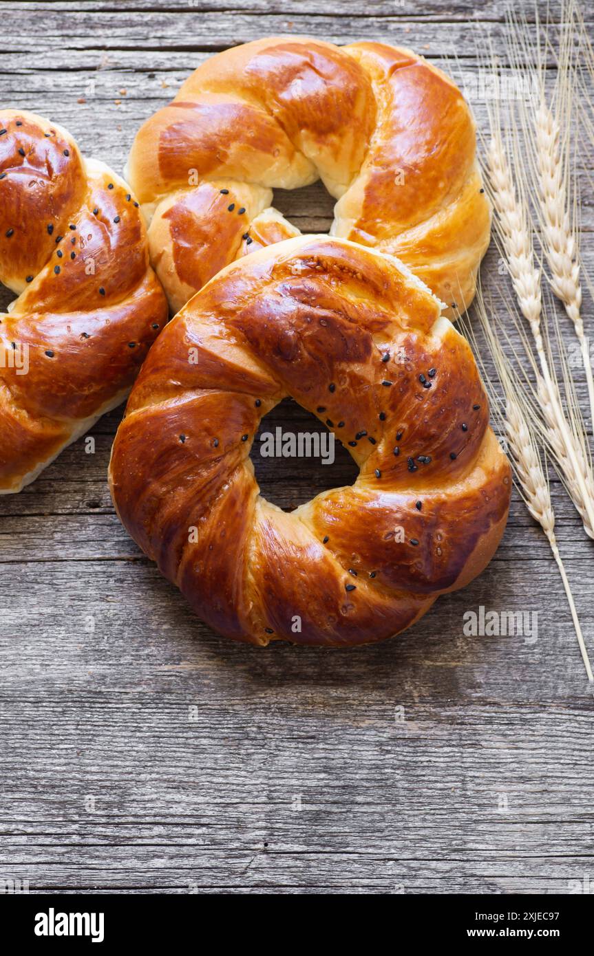 Traditional Turkish pastry acma on rustic table, famous bakery product ...
