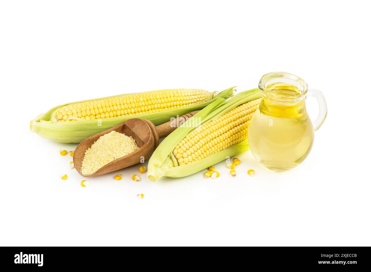 Corn oil and corn flour with fresh corncobs isolated on white ...