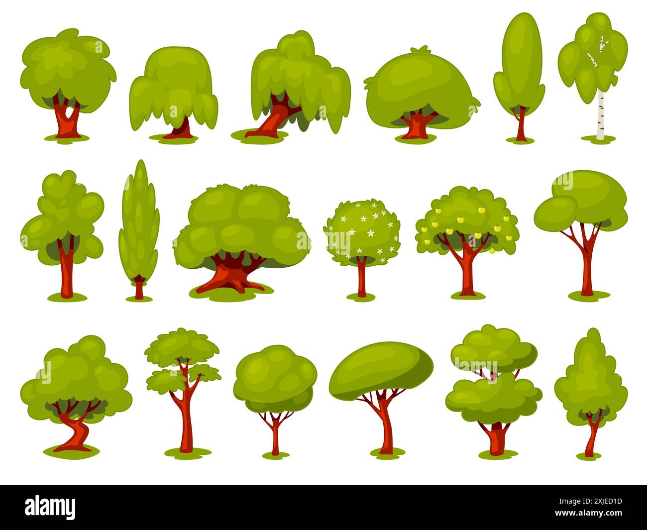 Stylized cartoon trees. Fabulous forest plants, decorative garden ...