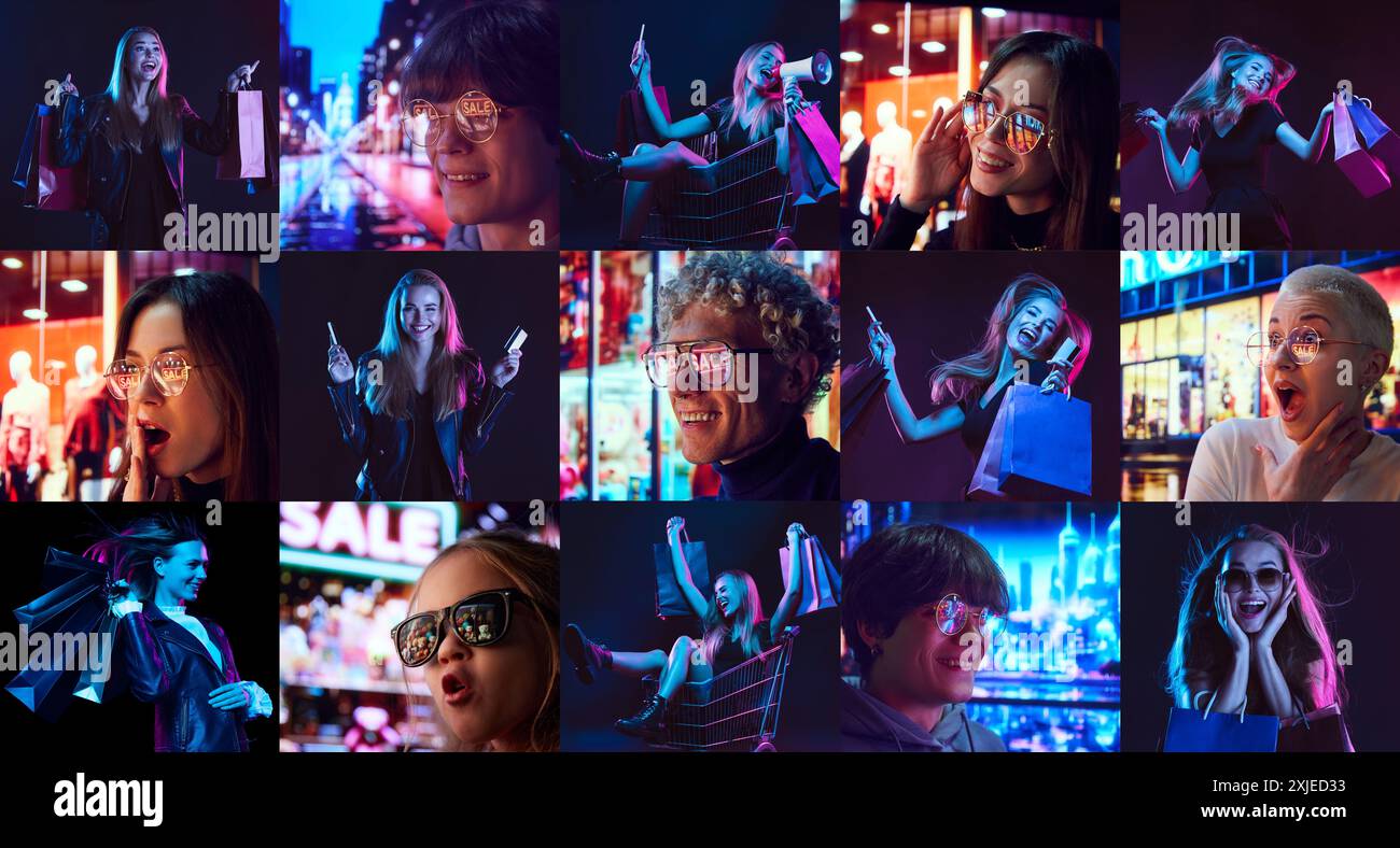 Collage. Different young people, men and women expressing excitement ...