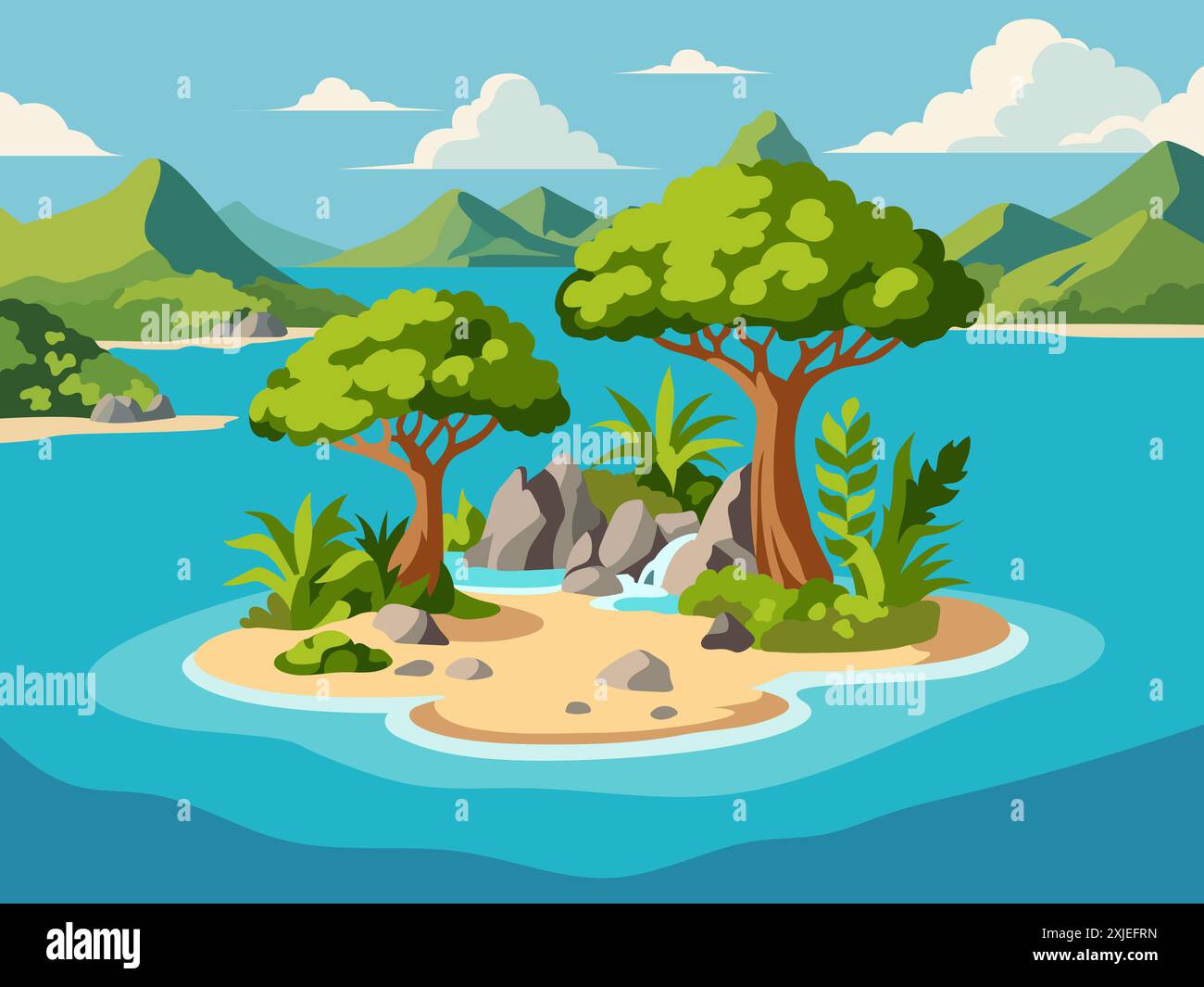 Green island. Empty summer landscape, trees, plants, rocks and ...
