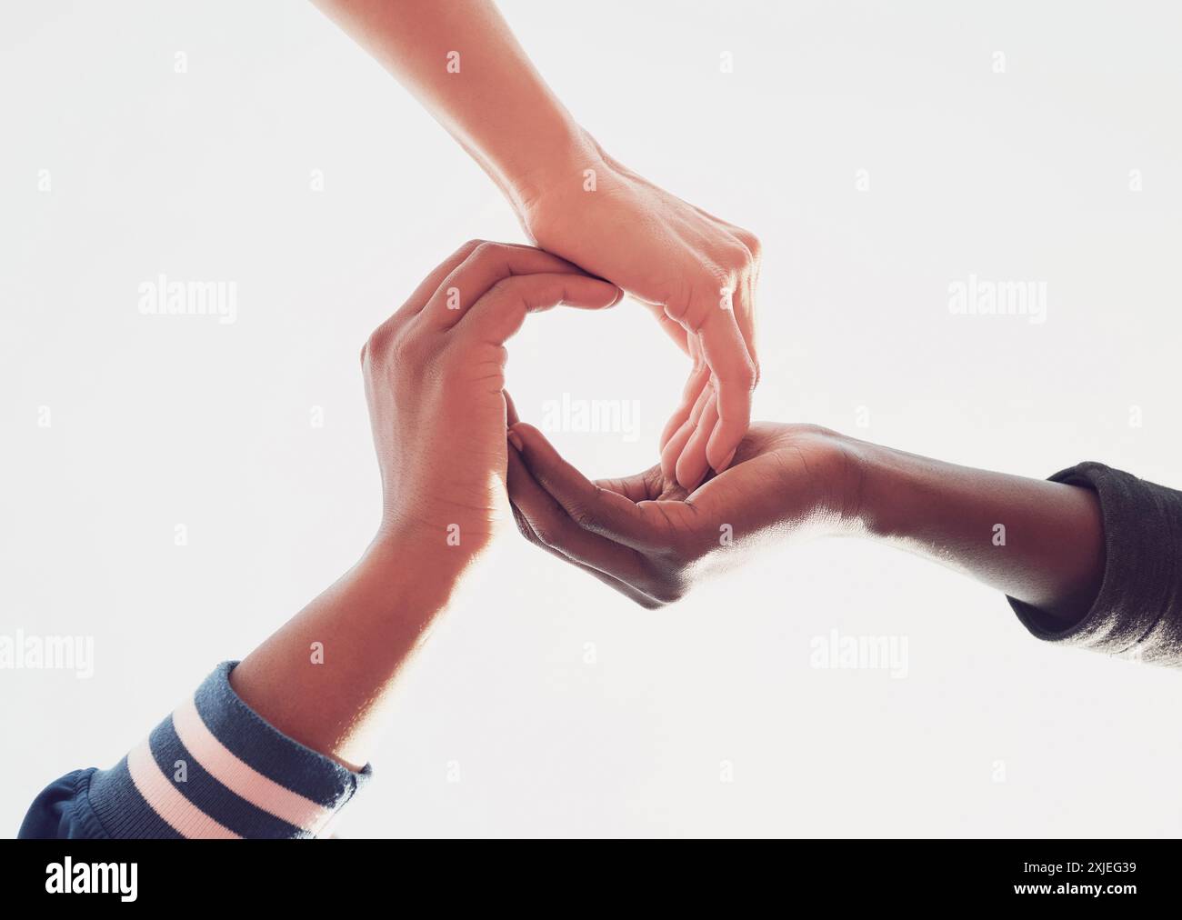 Hands, circle and group of people with unity, collaboration and support ...