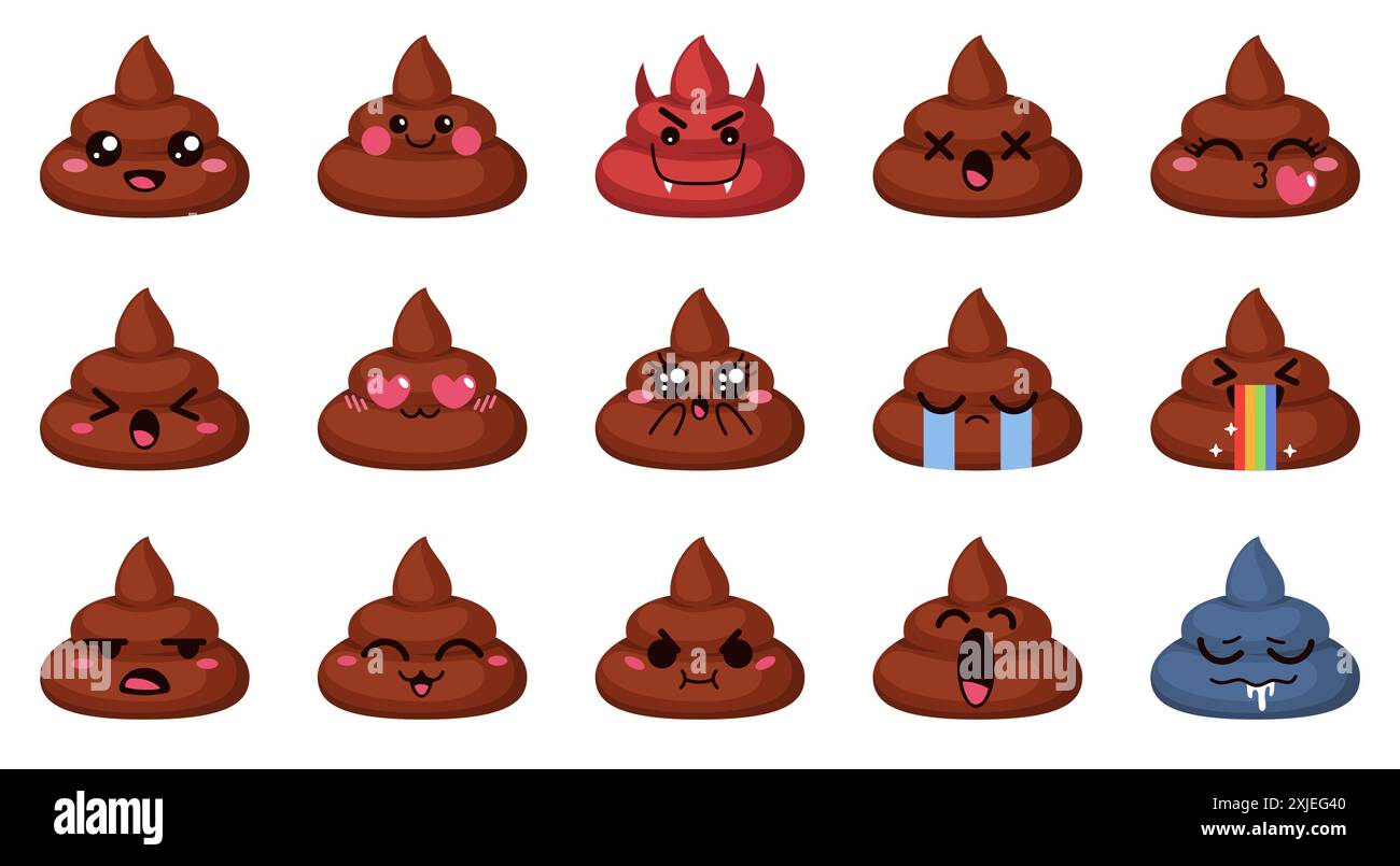 Funny poop emoticons. Kawaii stickers with different faces, excrement cute comic characters ...