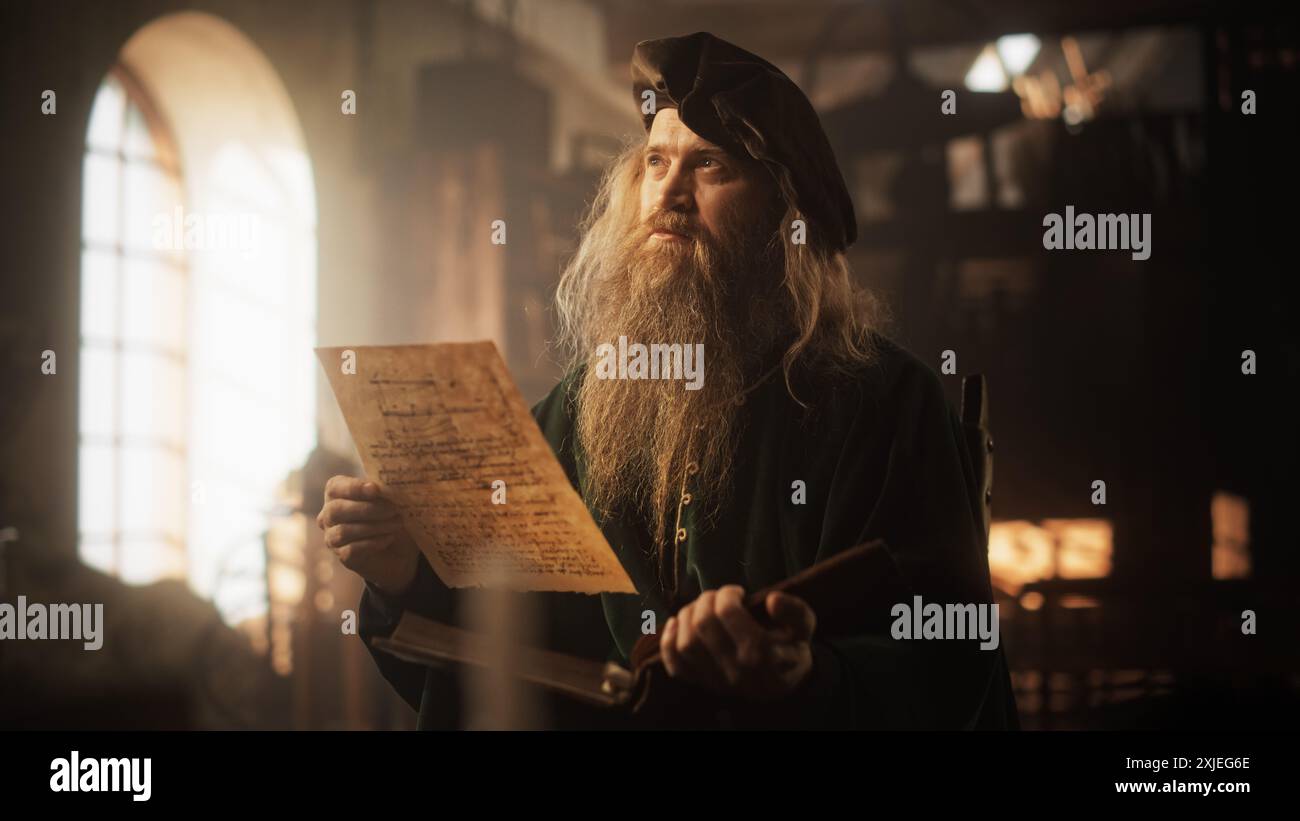 Portrait of an Old Renaissance Male Inventor Reading a Book and ...