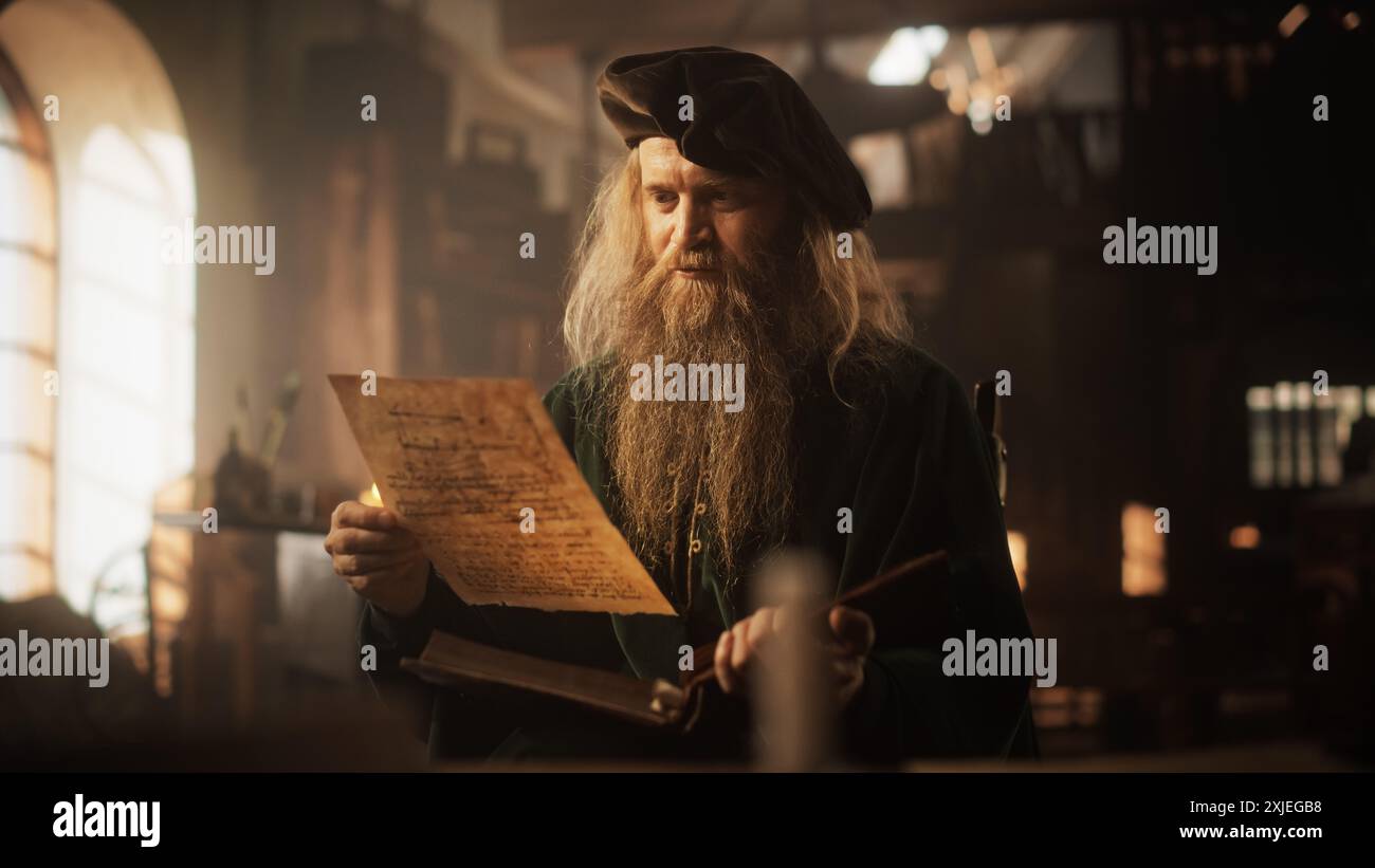 Portrait of an Old Renaissance Male Inventor Reading a Book and ...