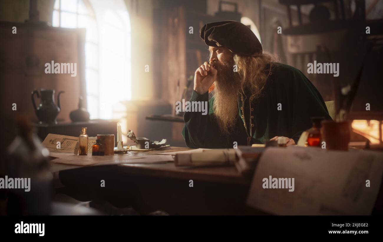 Portrait of an Old Renaissance Male Inventor Writing and Thinking about ...