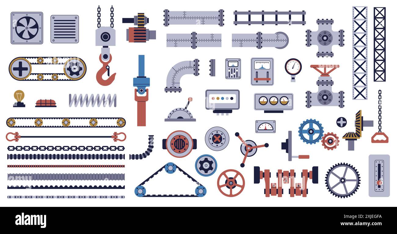 Cartoon steel machine parts. Mechanical details and technical ...
