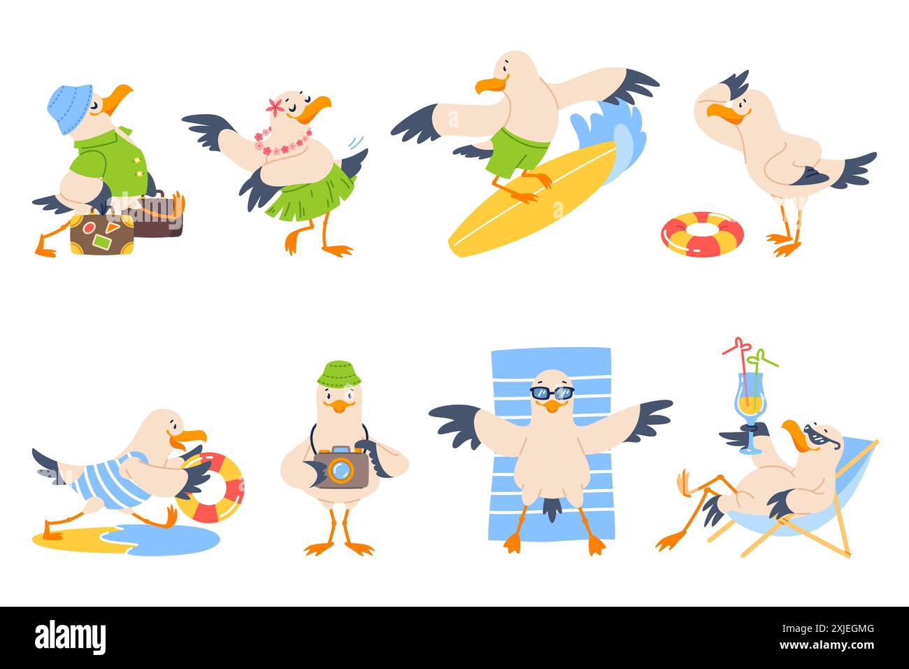 Cartoon funny seagull character. Nautical bird different poses and ...