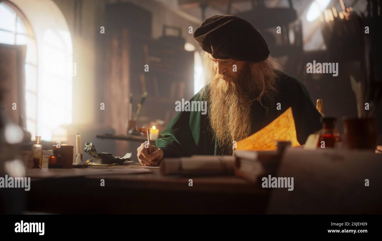 Portrait of an Old Renaissance Male Inventor Writing and Thinking about ...