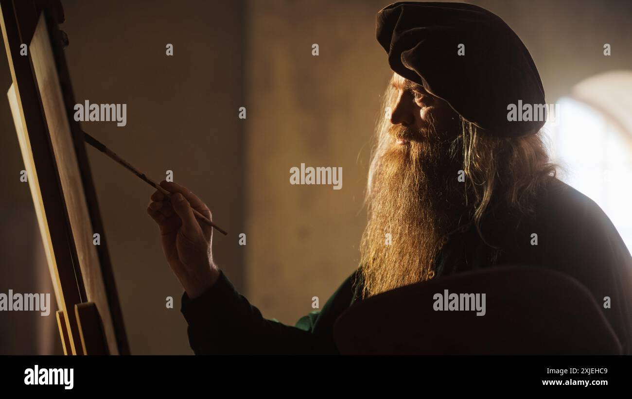 Portrait of Old Male Historical Figure Adding Final Touches to his New ...