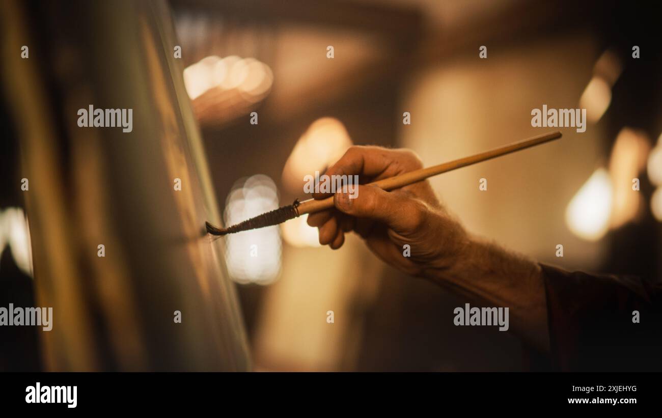 Close Up on Male Painter Hand Painting the Mona Lisa with Gentle Brush ...