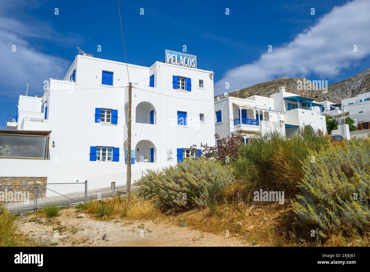 Amorgos, Greece - May 14, 2024: Hotel building in traditional Cycladic ...