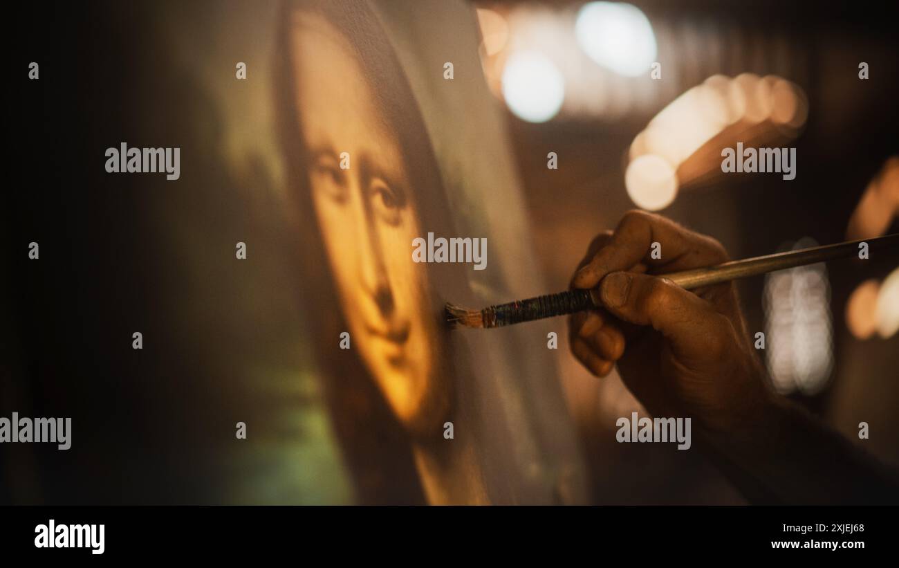 Close Up on Male Painter Hand Painting the Mona Lisa with Gentle Brush ...