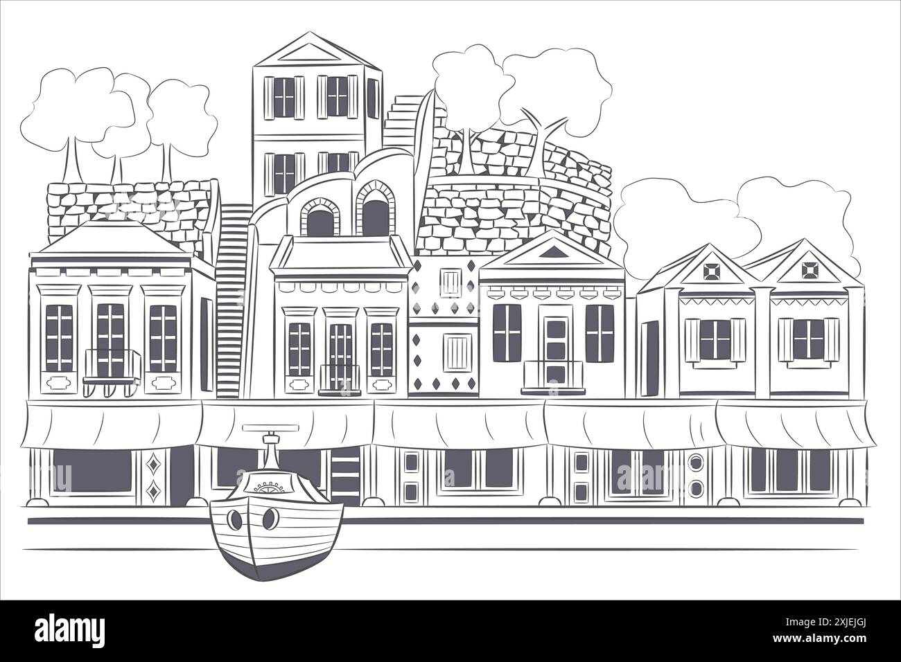 Black and white drawing of traditional Greek houses on the shore, Symi ...