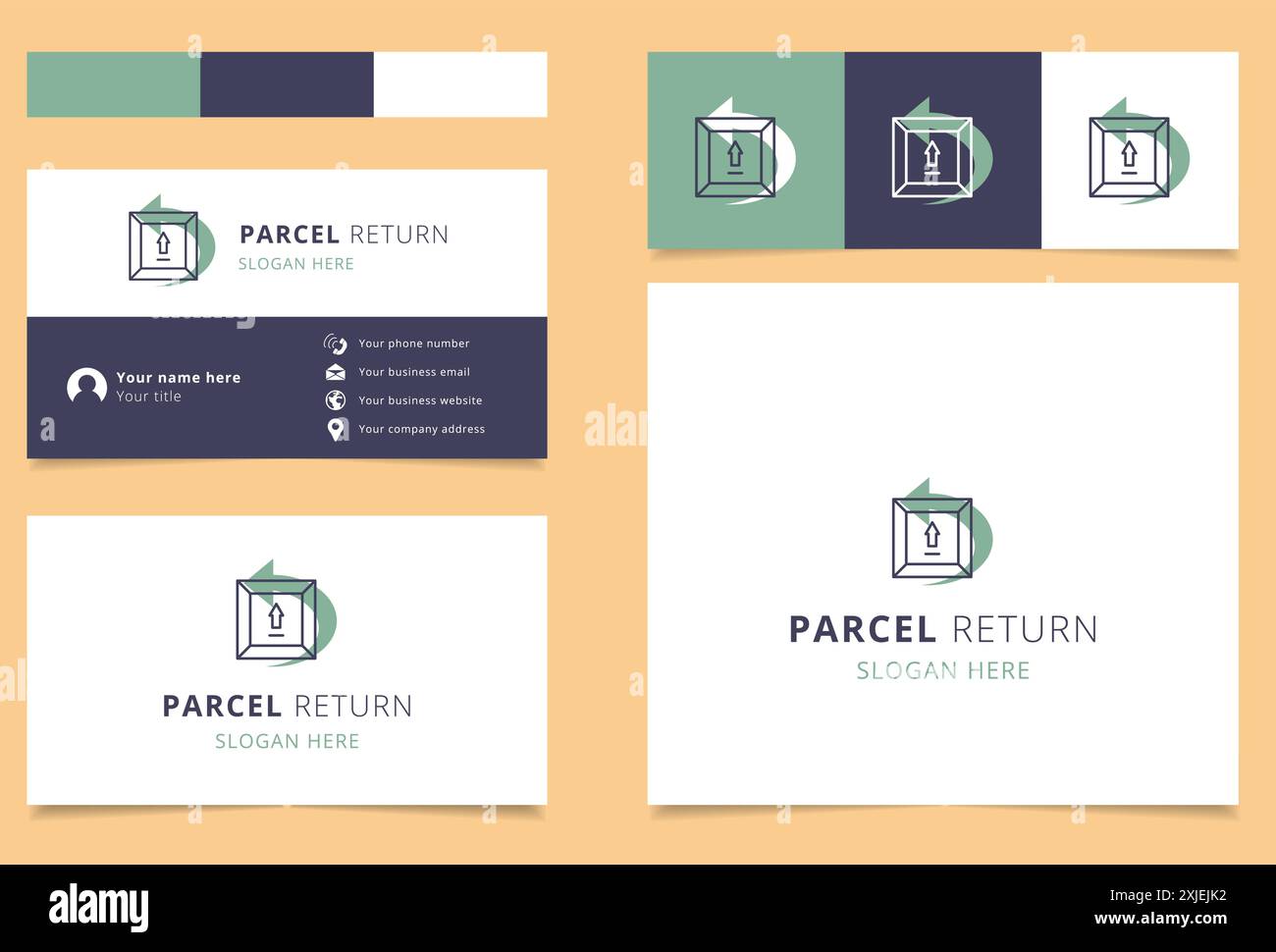 Parcel return service logo and business card design featuring a package ...