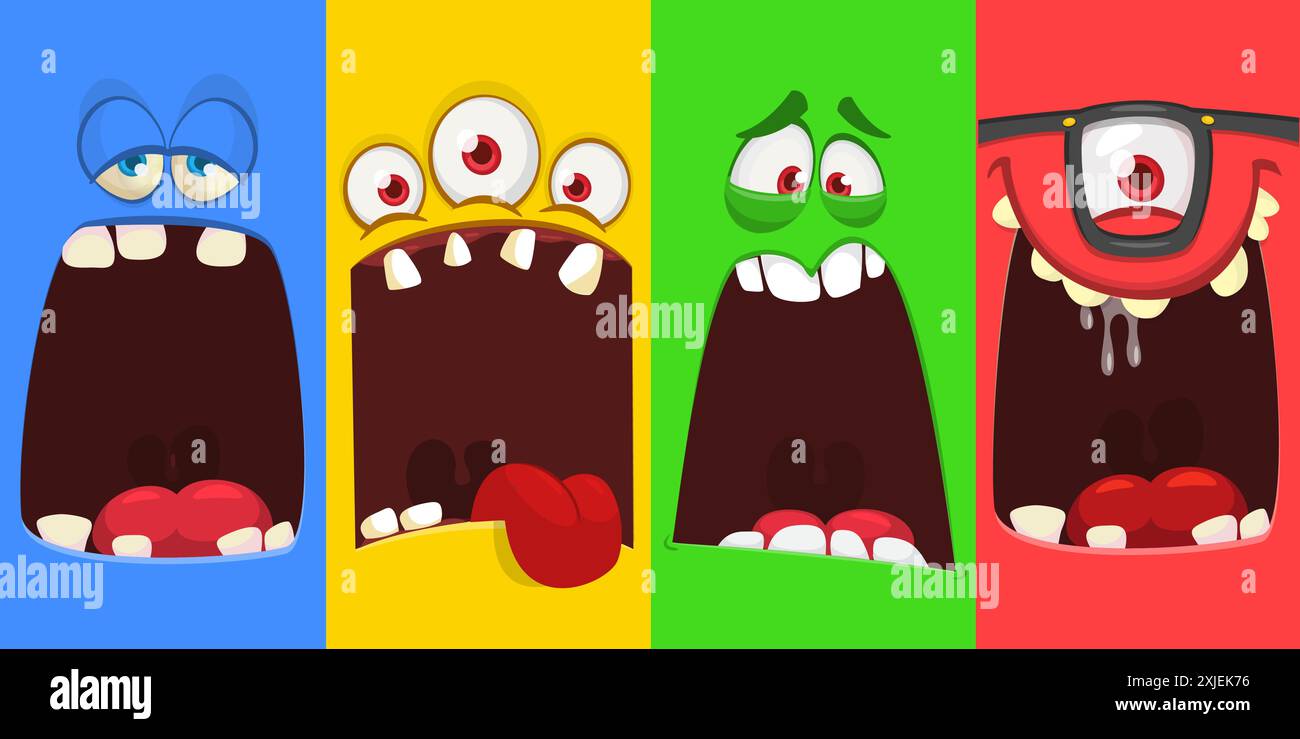Cartoon monsters and aliens faces set with funny expressions and opened ...