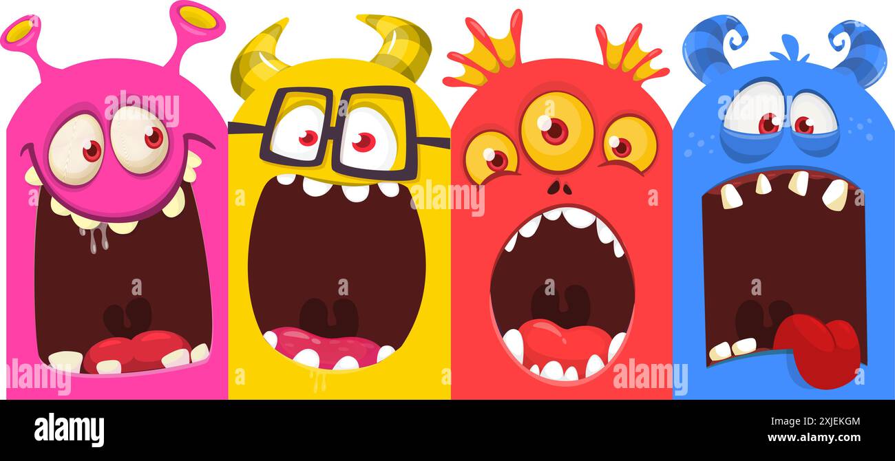 Cartoon monsters and aliens faces set with funny expressions and opened ...