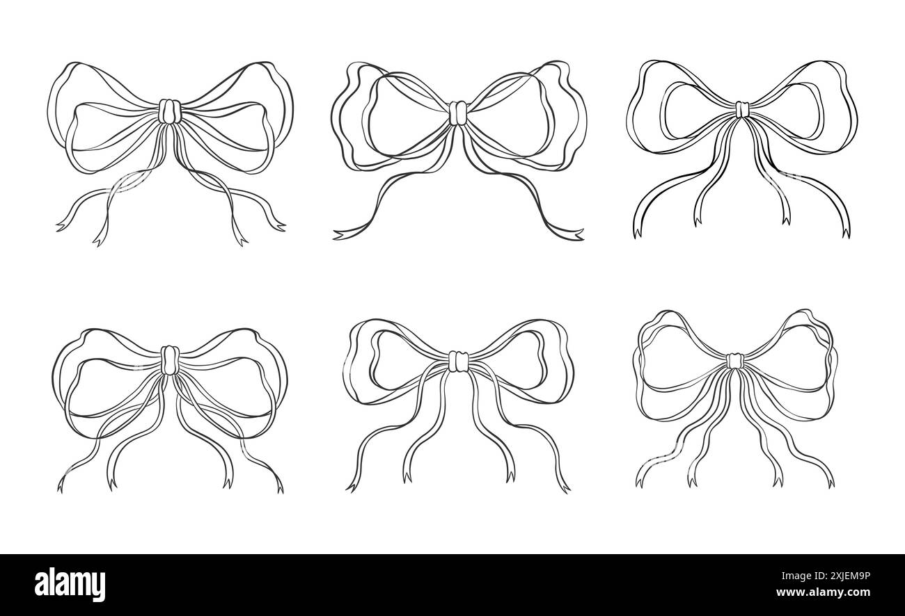Set of coquette vintage narrow ribbon bows. Charming cute vintage bows aesthetic. Vector ...